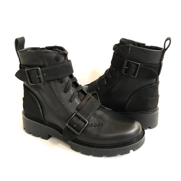 UGG | Shoes | Ugg Zorrah Black Suede Waterproof Leather Combat Boots ...